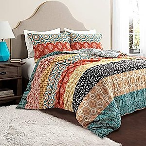 Lush Decor Bohemian Stripe Reversible Cotton Duvet Cover Set, 3 Piece Set, Full/ Queen, Turquoise & Orange - Boho Bedding Set - Bold & Colorful - Striped Duvet Cover - Maximalist & Boho Bedroom Decor