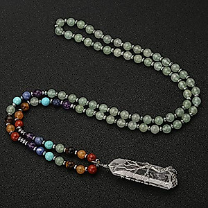 Jovivi Natural Green Aventurine 7 Chakras Healing Crystals Necklace Wire Wrapped Clear Quartz Pendant Healing Pointed Reiki Energy Balancing