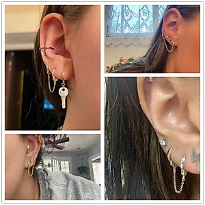 Unique Corn 14K Gold Plated Double Piercing Handcuff Chain Hoop Earrings for Women Two Holes Connecting Earrings (Silver)