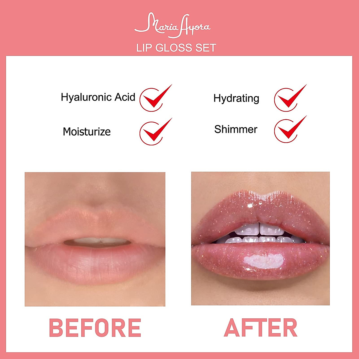 MARIA AYORA Lip Gloss Gift Set: Plump-looking & Hydrating with Hyaluronic Acid, 6-Color Shimmer Lip Glosses for Women, Vegan & Cruelty Free, Gluten Free | Fragrance & Parabens Free