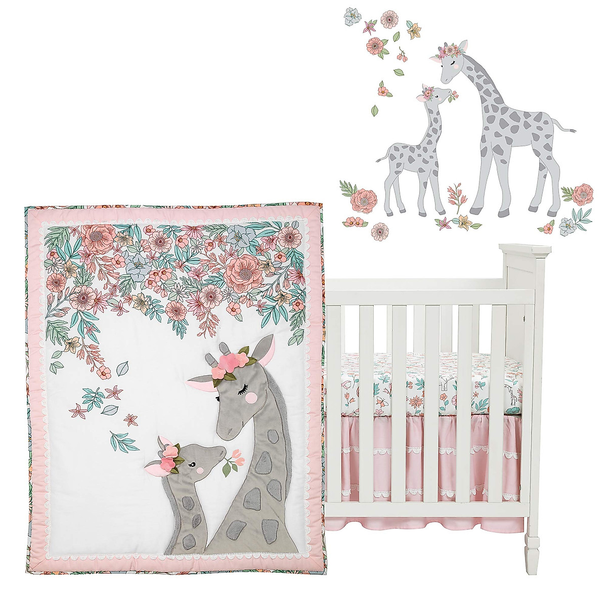 Lambs & Ivy Giraffe and a Half Pink/Gray 4-Piece Nursery Baby Crib Bedding Set