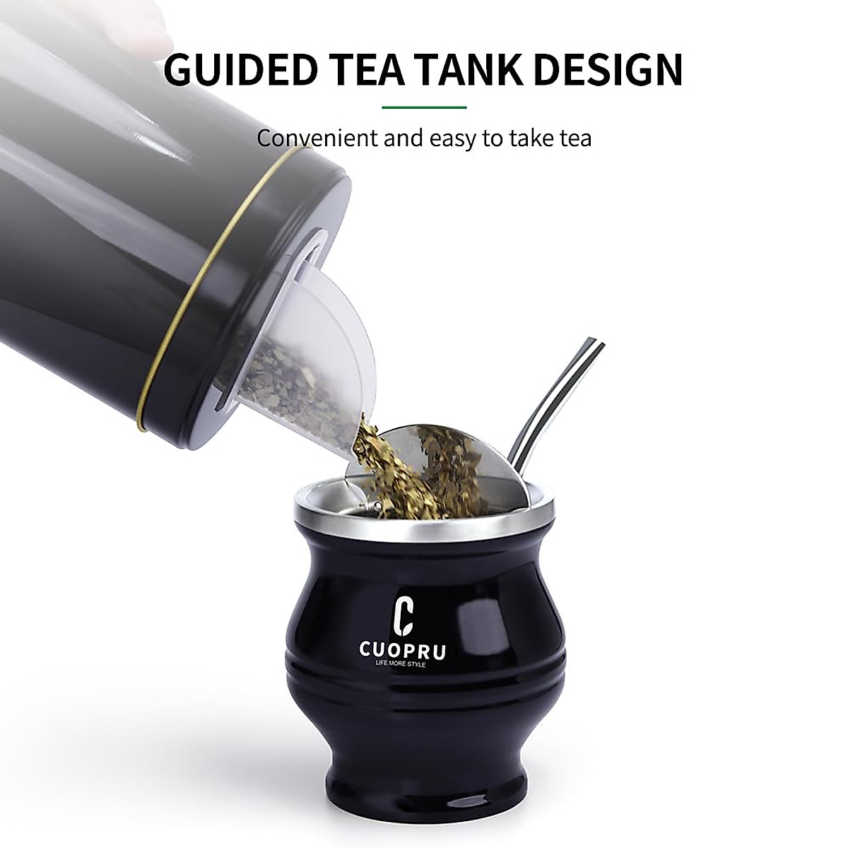Cuopru Yerbero Yerba Mate Container with Spout - Pouring Lid Easy Filling Mate Cup - Works for Dispenser Sugar, Tea, Coffee, Container for Ground Coffee (Balck)