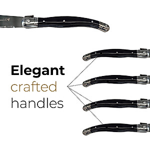 JS Gourmet Steak Knives Set of 4, Forged Stainless Steel, Serrated Steak Knife, Laguiole French Style with Crafted Black Handle, for Meats, Fish, Bread and Cheeses