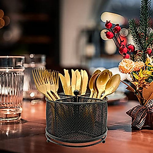 DysanVica 360° Rotating Metal Utensil Caddy - 4 Compartment Silverware Cutlery Holder Rotation Fork Spoon Napkin Organizer Flatware Storage Basket Party Countertop Buffet Picnic Camping Outdoor Black