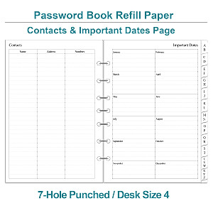 Password Book Refills - A-Z Password Notebook Refill Paper with Alphabetical Tabs, 120gsm White Paper, 7-Hole/Desk Size 4, 5.8" x 8.3"