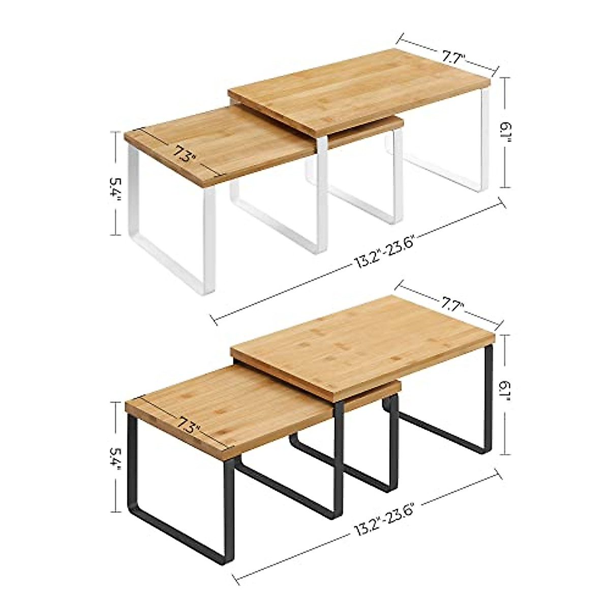 SONGMICS Kitchen Counter Organizers and Cabinet Shelves Bundle, Set of 4 Expandable Kitchen Cabinet Shelves, Metal and Bamboo, Black, Natural, and White UKCS02NB and UKCS02NW