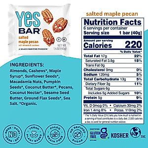 YES Bar – Salted Maple Pecan – Plant Based Protein, Decadent Snack Bar – Vegan, Paleo, Gluten Free, Dairy Free, Low Sugar, Healthy Snack, Breakfast, Low Carb, Keto Friendly (6 Count)