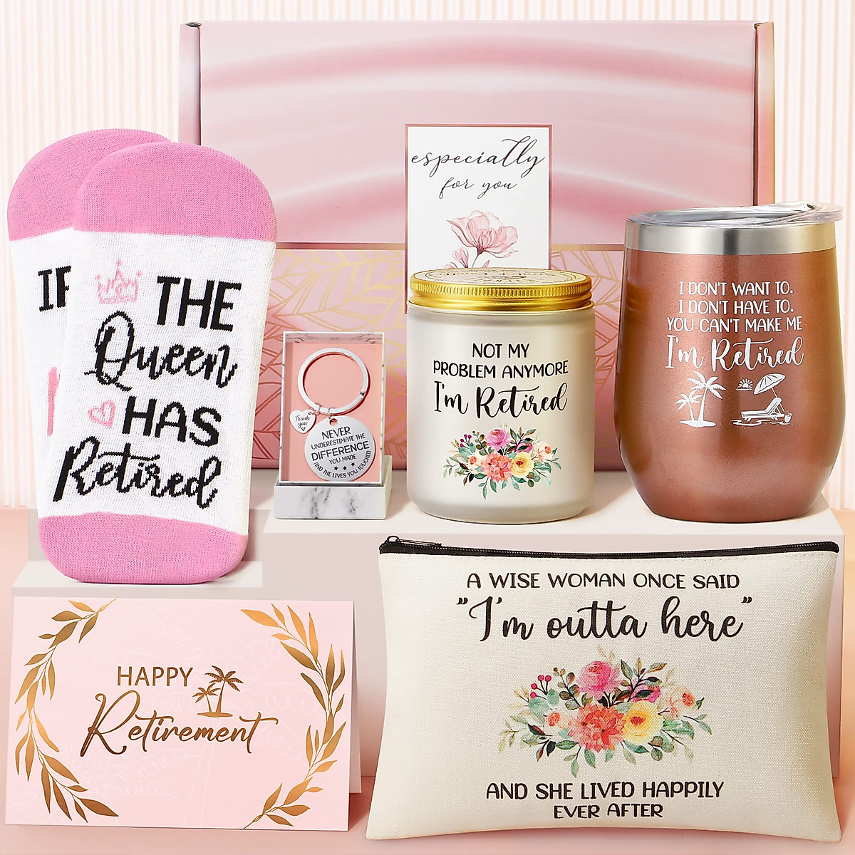 Retirement Gifts for Women 2024, Happy Retirement Gifts for Coworker, Teacher, Boss, Nurses, Friends, Mom, Grandma, Retirees, Best Retirement Gifts Funny Female Retired Gifts Basket with Wine Tumbler