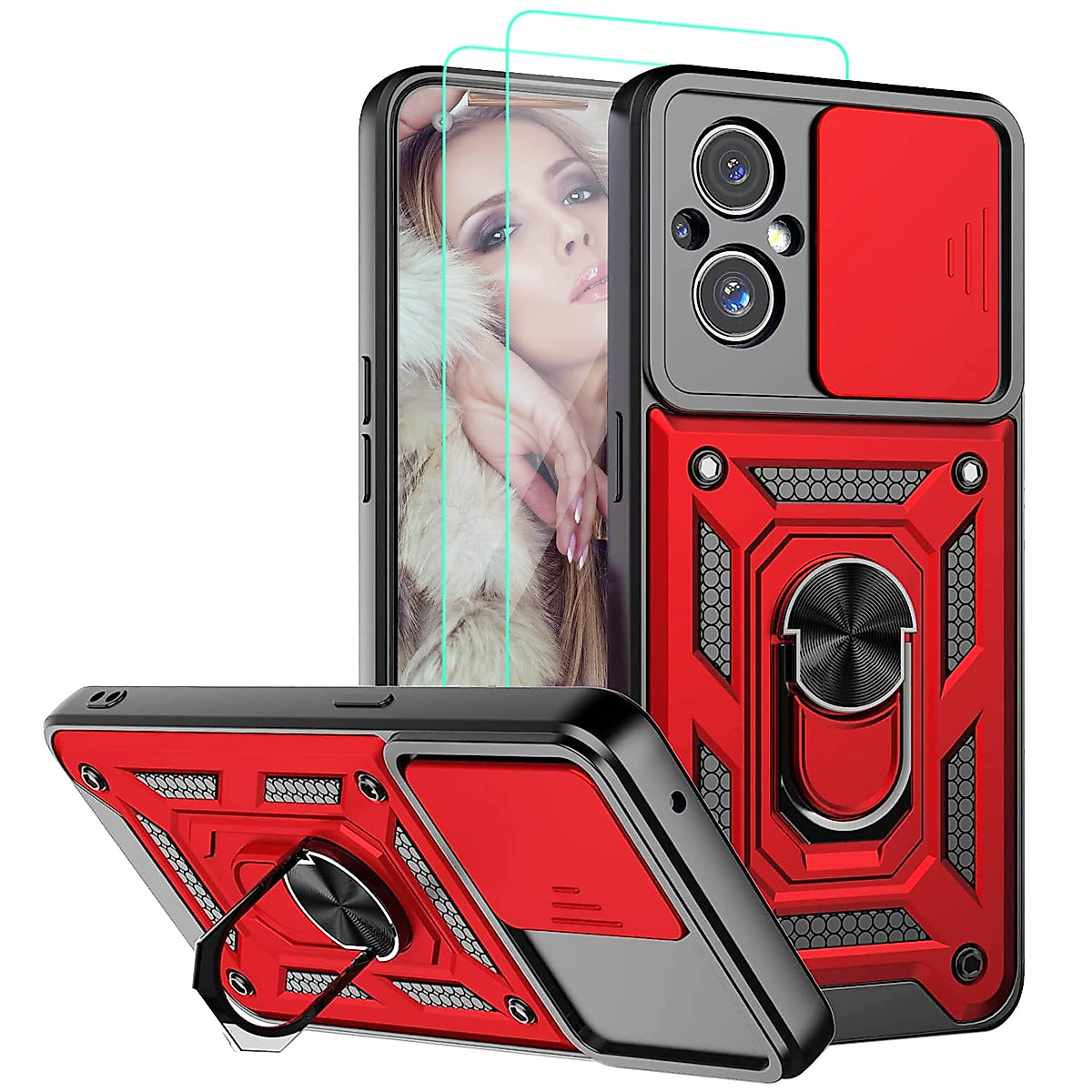 JCUEGRNY Compatible with Oneplus Nord N20 5G Case,[2 Pack] HD Screen Protector,Built Slide Camera Protection Cover & Ring Kickstand,Hybrid Heavy Duty Shockproof Phone Case for 1+ Nord N20 5G Red