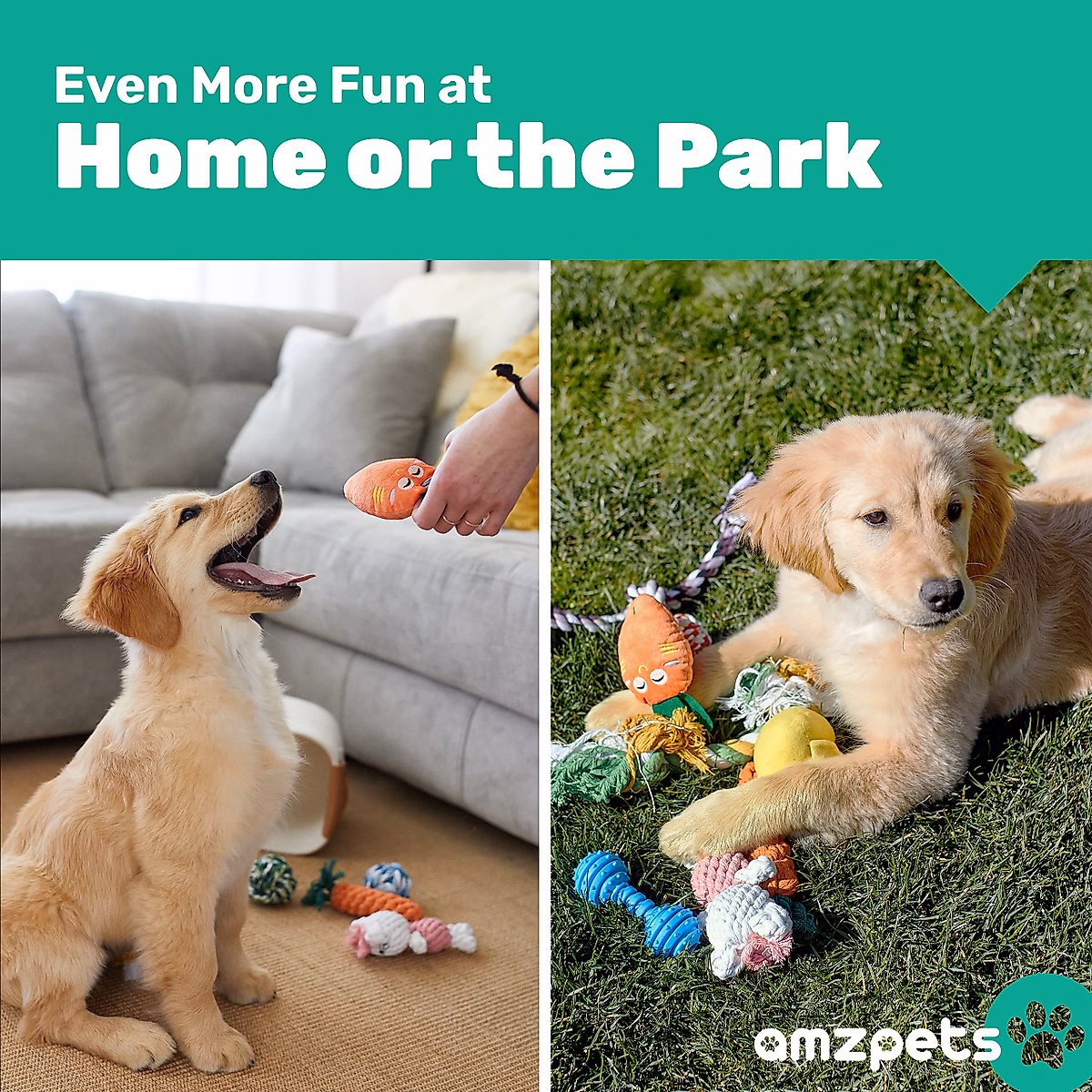 AMZpets 10 Dog Toys for Small Dogs and Puppies, Squeaky Dog Toys Rope Toys for Plush Games, with Chewing Ropes/Balls/Rubber Bone/Carry Bag, Variety Playing Toys Set for Toss and Tug Play