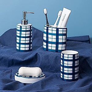 Ceramic Bathroom Accessories Set, Bath Vanity Countertop Blue Plaid Accessory Sets Complete, with Soap/Lotion Dispenser, Toothbrush Holder, Tumbler, Soap Holder