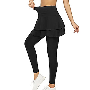 WOWENY Tennis Skirted Leggings with Pockets for Women Golf Skapri Leggings with Skirt (M, 2-Layer Black)