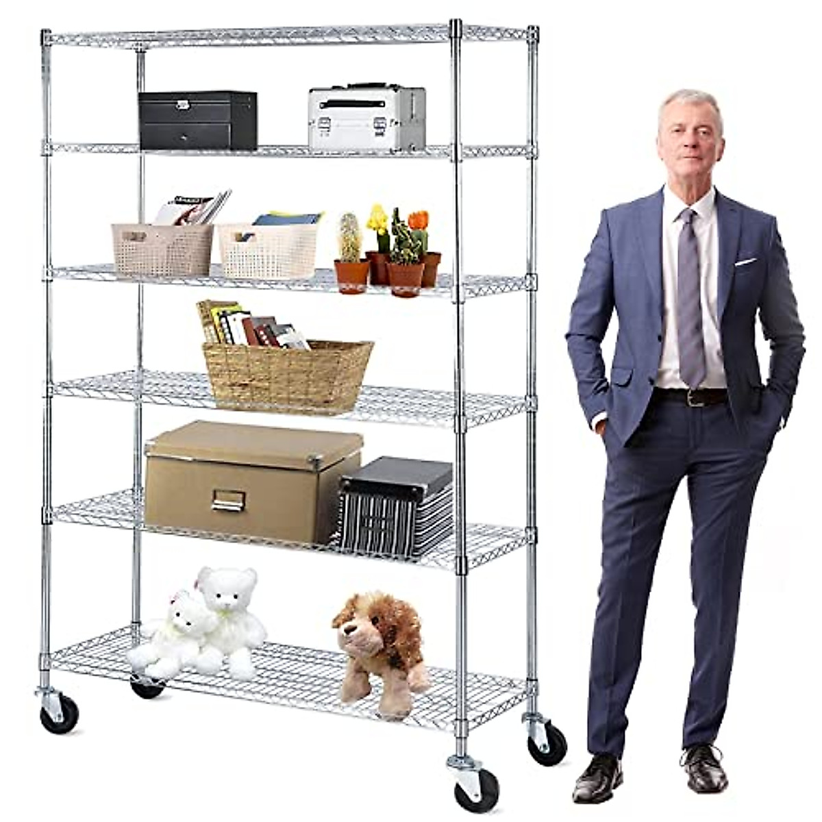 6 Tier Wire Shelving Rack,Steel Shelf 48" W x 18" D x 82" H Adjustable Storage System with Casters/Wheels and Feet Levelers,Garage Shelving Unit, Storage Shelving Rack,Kitchen/Office Rack (Chrome)