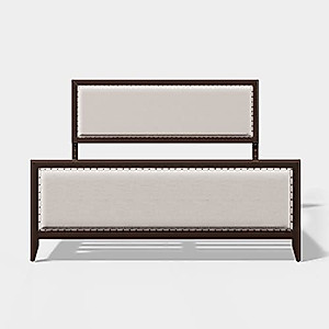 DG Casa Salerno Solid Wood Platform Bed Frame with Nailhead Trim - Queen Bed Frame with Adjustable Headboard, Full Wooden Slats, No Box Spring Needed - Queen Upholstered Bed Frame in Natural Fabric