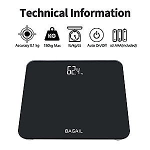 BAGAIL BASICS Bathroom Scale, Digital Weighing Scale with High Precision Sensors and Tempered Glass, Ultra Slim, Step-on Technology, Shine-Through Display - 15Yr Guarantee Black