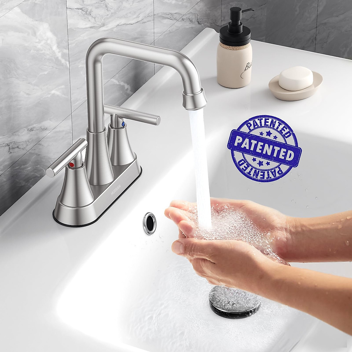 Bathroom Sink Faucet, Hurran 4 inch Brushed Nickel Bathroom Faucets for Sink 3 Hole with Pop-up Drain and Supply Lines, Stainless Steel 2-Handle Centerset Faucet for Vanity RV Restroom