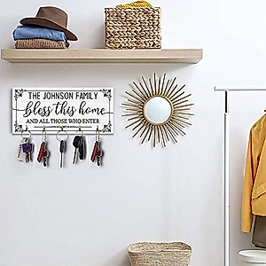 MUCHNEE Personalized Wooden Key Holder Wall Décor with Custom Family Name - Bless Home & People Enter, Key Ring Holder Hook Art with 5 Hooks for Wall, Entryway - Housewarming Gift for Family, Friends