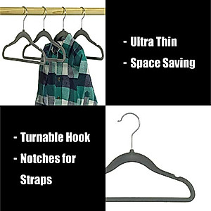 Mainetti SH-VK002-GR10 Grey Velvet Ultra-Thin Hangers with Notches and Bright Zinc Swivel Hooks, Great for Children's Clothing, 11.75 Inch (Pack of 10)