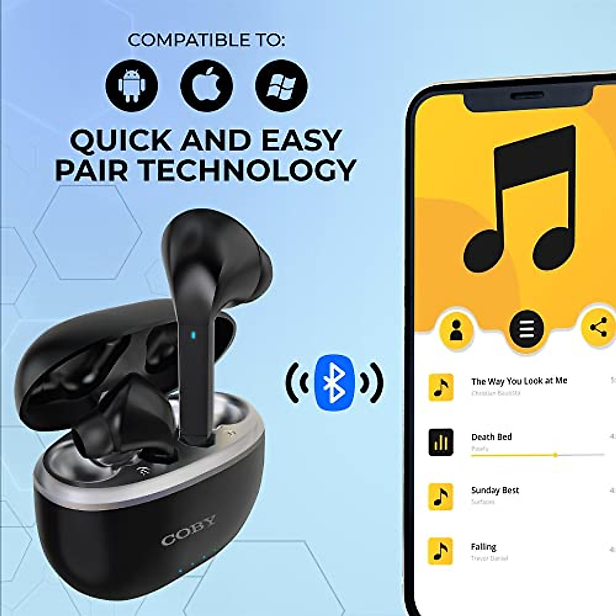 Coby Noise Canceling Earbuds Wireless, Black | Wireless Headphones Bluetooth Earbuds | Noise Canceling Headphones Wireless Bluetooth Headphones, Touch Controls, Lost Tracker | Up to 10-HR Play
