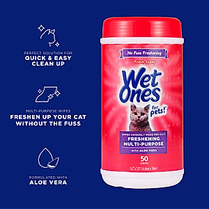 Wet Ones for Pets Freshening Multipurpose Wipes for Cats with Aloe Vera, 50 Count- 3 Pack | Easy to Use Cat Cleaning Wipes, Freshening Cat Grooming Wipes for Pet Grooming in Fresh Scent (FF12853PCS3)