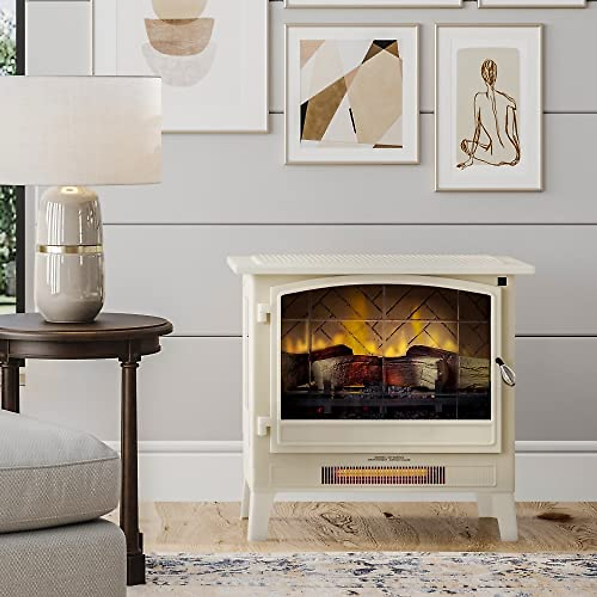 Country Living Infrared Freestanding Electric Fireplace Stove Heater in Cream | Provides Supplemental Zone Heat with Remote, Multiple Flame Colors, Metal Design with Faux Wooden Logs