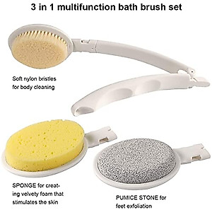 LFJ 3 in 1 Back Bath Brush Set for Shower, 19" Long Handle Body Brush, Bath Sponge and Pumice Gentle Exfoliation and Improved Skin Health, Suitable for Men and Women