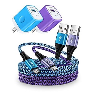 4-in-1 Android Chargers, USB Wall Charger + Micro USB Cable Multipack Fast for Samsung Galaxy S7 S6 J8 J7 J3, Kindle Fire Old Version Paperwhite Kids e-Reader Stick, Long USB A to Micro B Cords 6 Ft