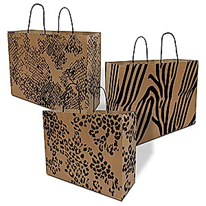 Brown Paper Gift Bags - 16x6x12 Inch 50 Pack Brown Animal Print Large Bags with Handles, Cheetah, Zebra, Leopard, for Shopping, Small Business, Retail Stores, Boutiques, Merchandise, Parties, Events