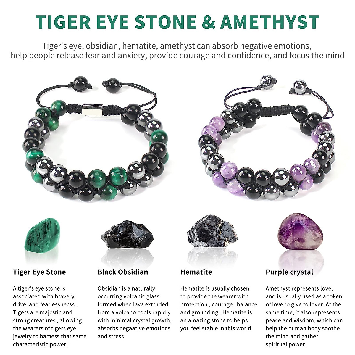 2 Pack Couple Bracelets, Evil Eye Triple Protection Natural Tiger Eye Hematite Black Agate Amethyst Healing Crystal Bracelet Bring Luck Prosperity, 8mm Beads Bracelet for Men and Women