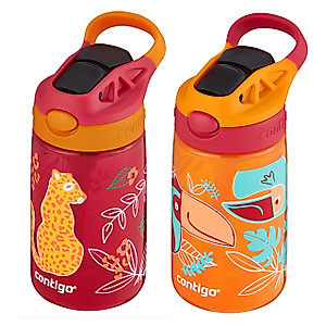 Contigo Aubrey Kids Cleanable Water Bottle with Silicone Straw and Spill-Proof Lid, Dishwasher Safe, 14oz 2-Pack, Cheetah & Toucans