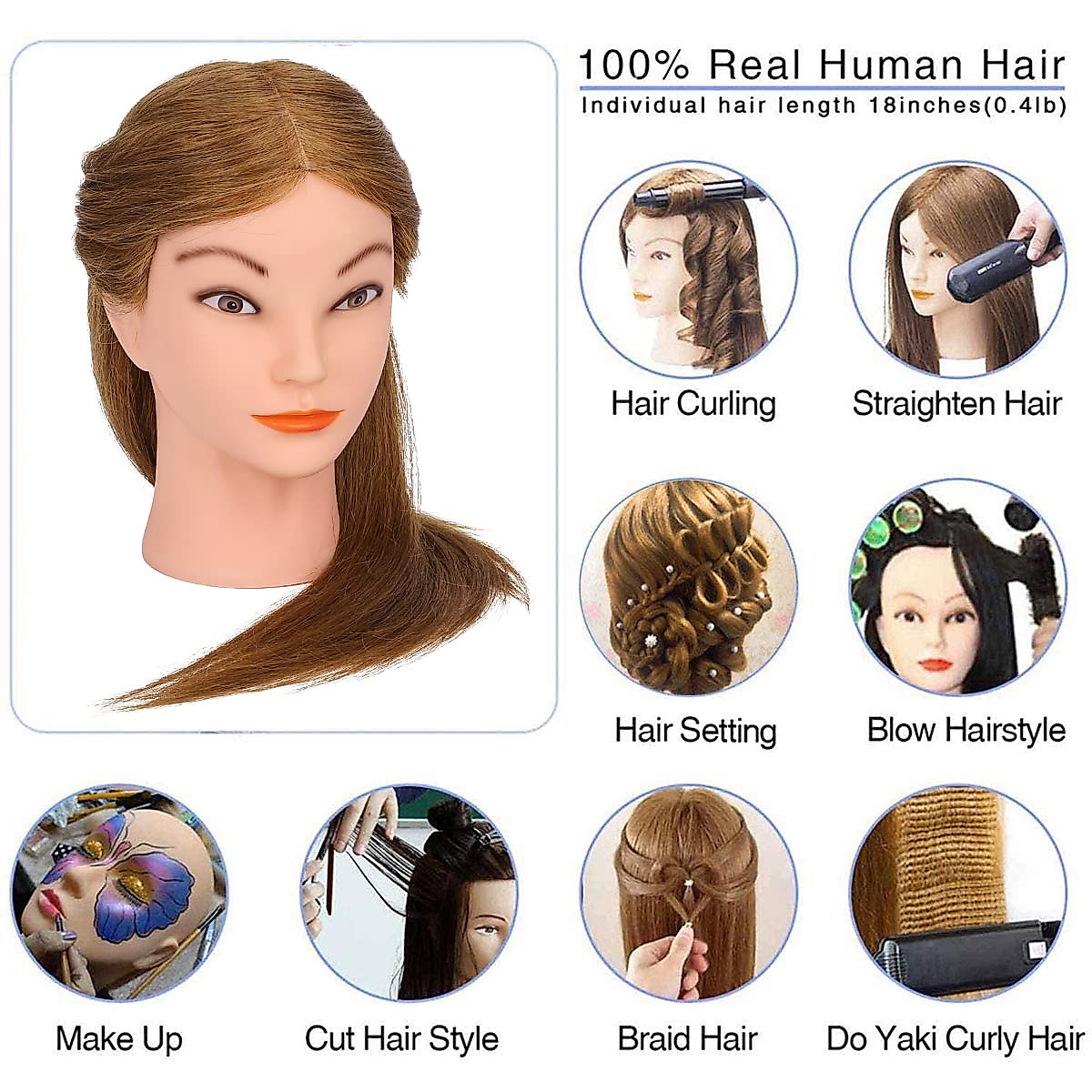 Mannequin Head with 100% Real Hair, TopDirect 18" Brown Real Hair Cosmetology Manikin Head Hair Styling Hairdressing Practice Training Doll Heads with Clamp Holder and Tools