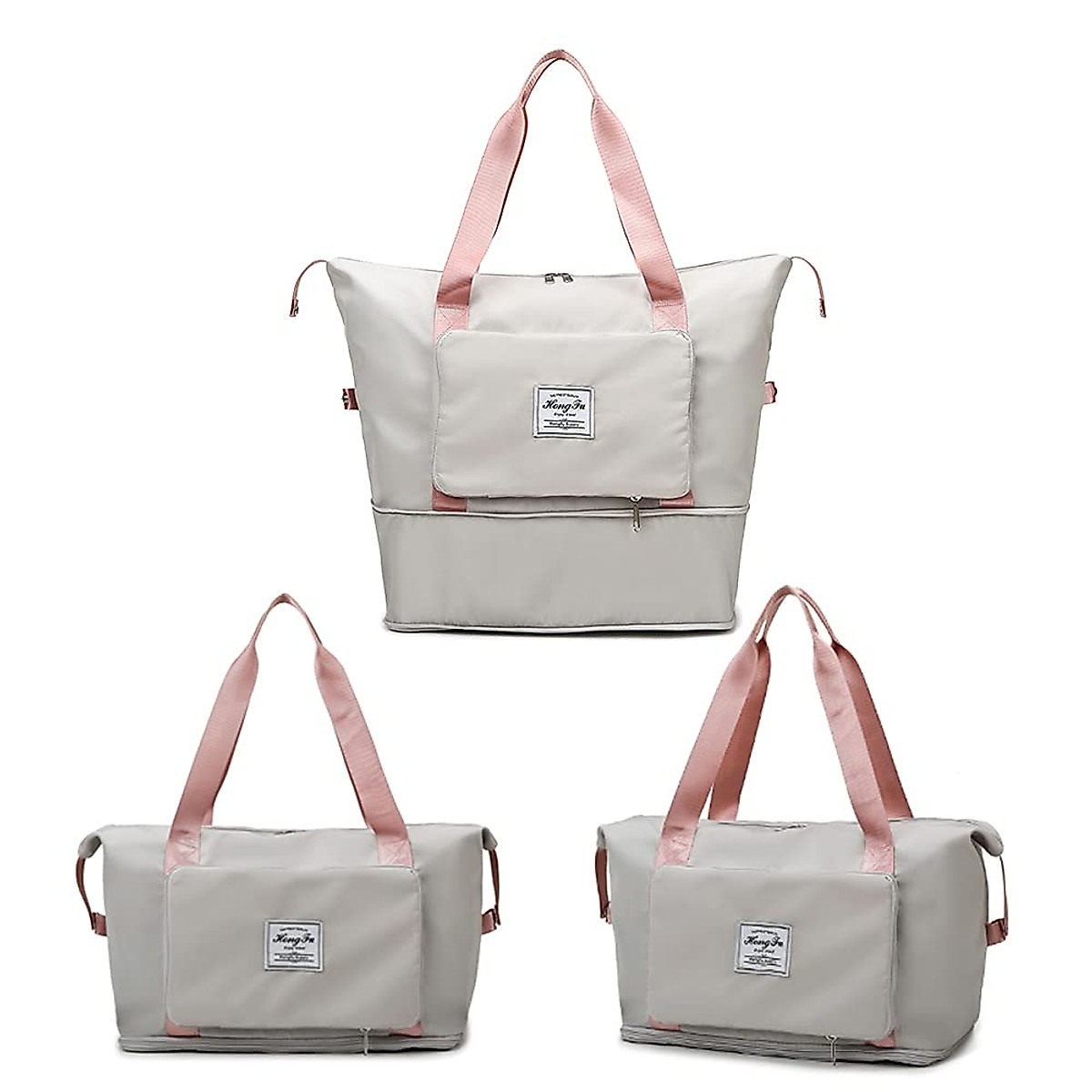 holygloomy Large Capacity Folding Travel Bag, Dry&Wet Separation Handle Shoulder Bag Women Storage Lightweight Waterproof Foldable Carry Luggage for Sports, Gym, Vacation, Grey Pink, 42x28x22cm