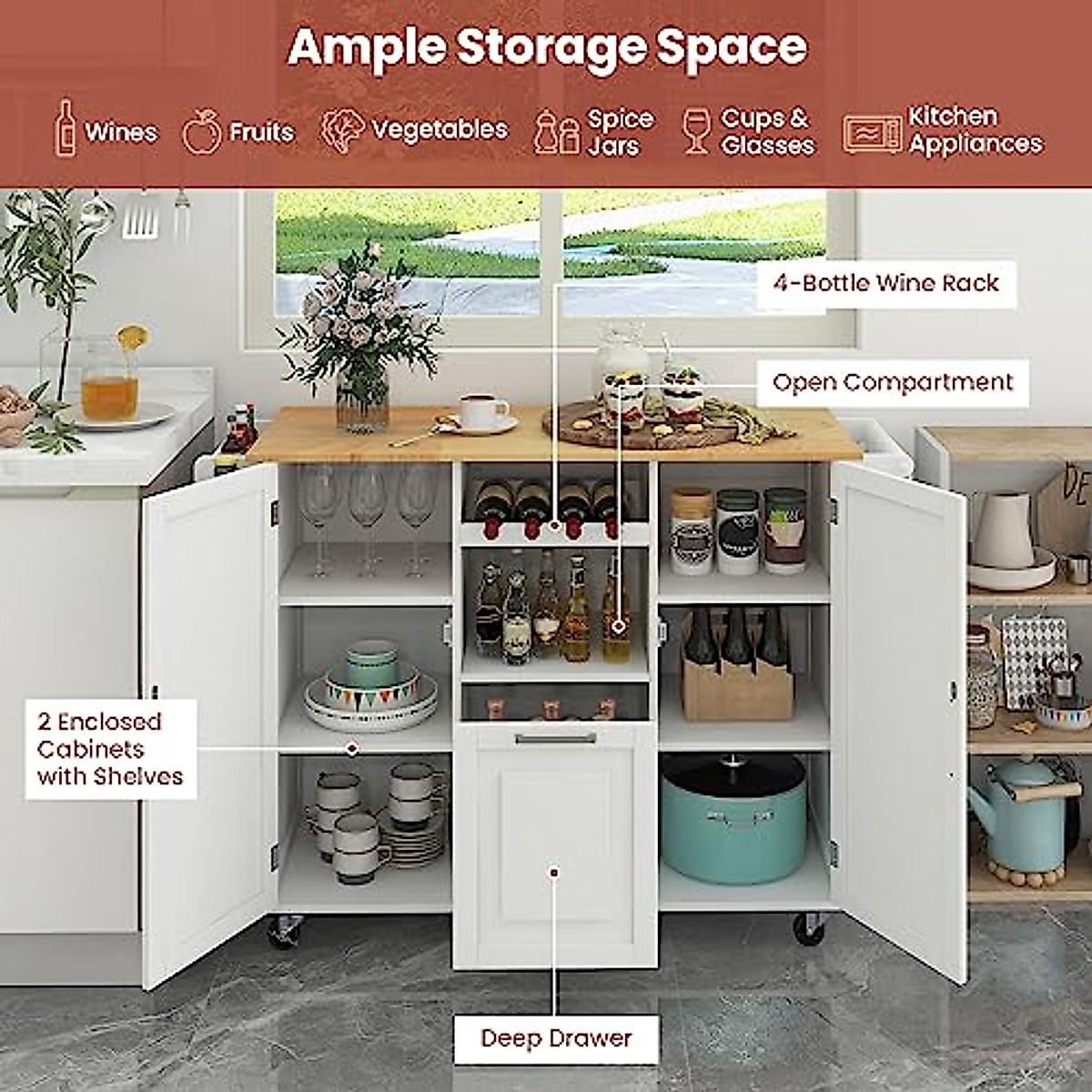 Giantex Mobile Kitchen Island with Drop Leaf, Rolling Island Table with Rubber Wood Top, Storage Cabinets, Deep Drawer, Wine Bottle Rack, Spice Rack, Serving Cart for Dining Room Bar (White)