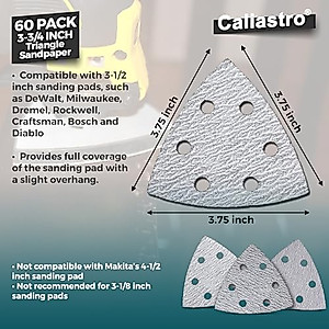 3 3/4" Triangle Sandpaper for Oscillating Multi-tool - Fits 3.5 Inch Corner Sanding Pads Including DeWalt, Milwaukee, Craftsman, Bosch, and Diablo; Delta Sandpaper with 80, 120 and 240 grits - 60-Pack