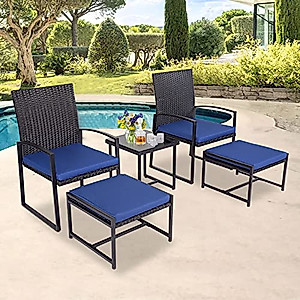 J-SUN-7 5-Piece Patio Furniture Conversation Set PE Rattan All Weather Cushioned Chairs Bistro Set with Ottoman and Glass Coffee Side Table for Balcony Porch, Dark Blue