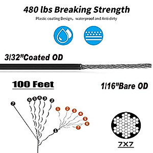 Byshun Outdoor Lights Hanging Kit,Globe String Light Suspension Kit,100FT Black Vinyl-Coated 304 Stainless Steel Guide Wire Cable,Include Wire Rope Tension Turnbuckle and Eye Hooks