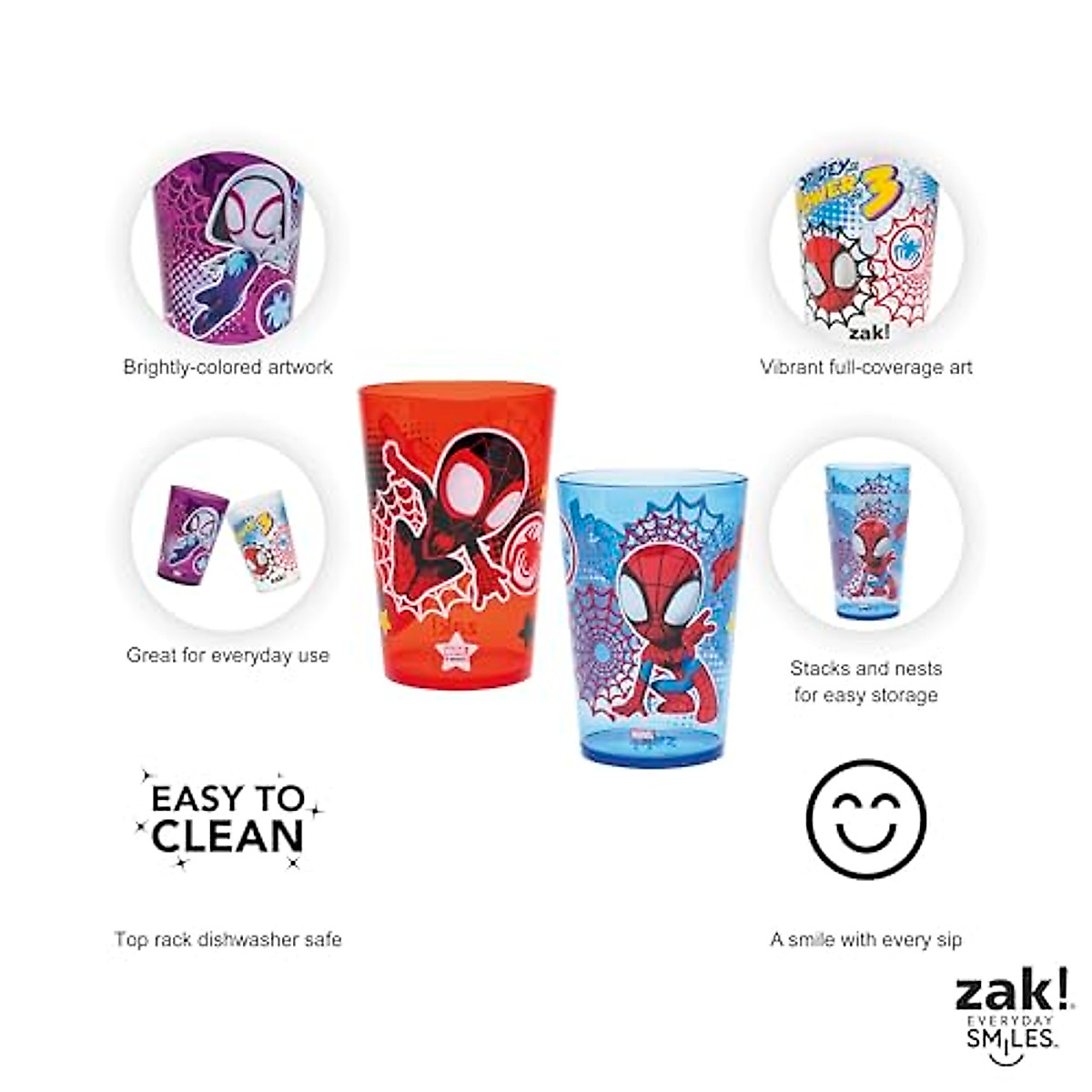 Zak Designs Marvel Spider-Man Nesting Tumbler Set for At Home, 14.5oz Non-BPA Plastic Cups, 4-Pack (Spidey and His Amazing Friends)