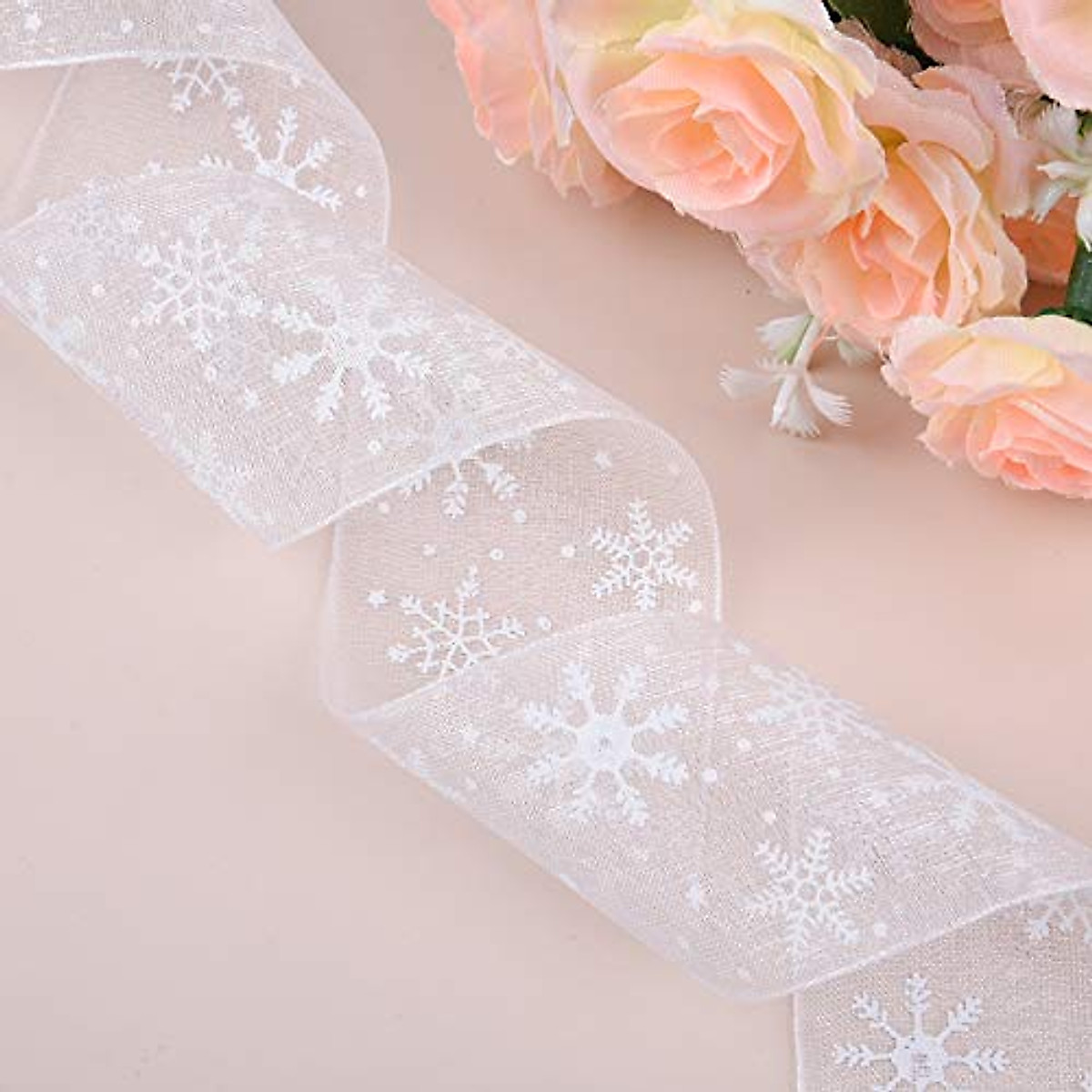 Livder 1.6 Inch Wide Christmas Snowflake Sheer Organza Ribbon for Xmas Gift Wrapping, Tree, Wreath, Party Decoration, 25 Yards (White)