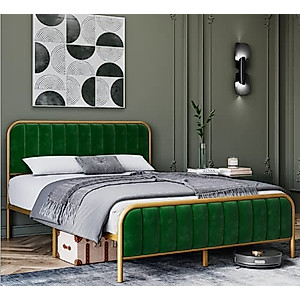 Senfot Queen Bed Frame Modern Upholstered Platform with Velvet Headboard and Gold Frame, Wooden Slat Support No Box Spring Needed in Gold and Green