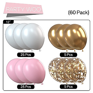PartyWoo Pink and Gold Balloons, 60 pcs Pink Balloons, Metallic Balloons, Gold Confetti Balloons, White Balloons, Party Balloons, Latex Balloons, Birthday Party Decorations, Pink Party Decorations