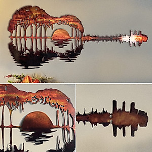 QZFSL 39' Music Guitar Metal Wall Art Decor Iron Guitar Custom Sunset Sign for Music Lovers Gift Musician for Home Bedroom Living Room Garden (Orange)