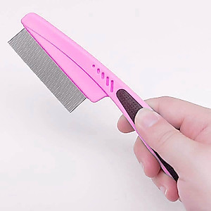 LLTGMV Flea Comb with Rubber Handle, Flea and Tick Comb for Dogs & Cats, Dog Comb for Grooming - Pink