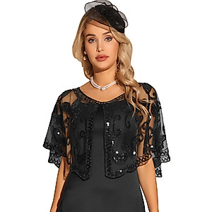 Allegra K Women's 1920s Shawl Wraps Sequin Beaded Bridal Cover Up Evening Cape Flapper Bolero Medium Black