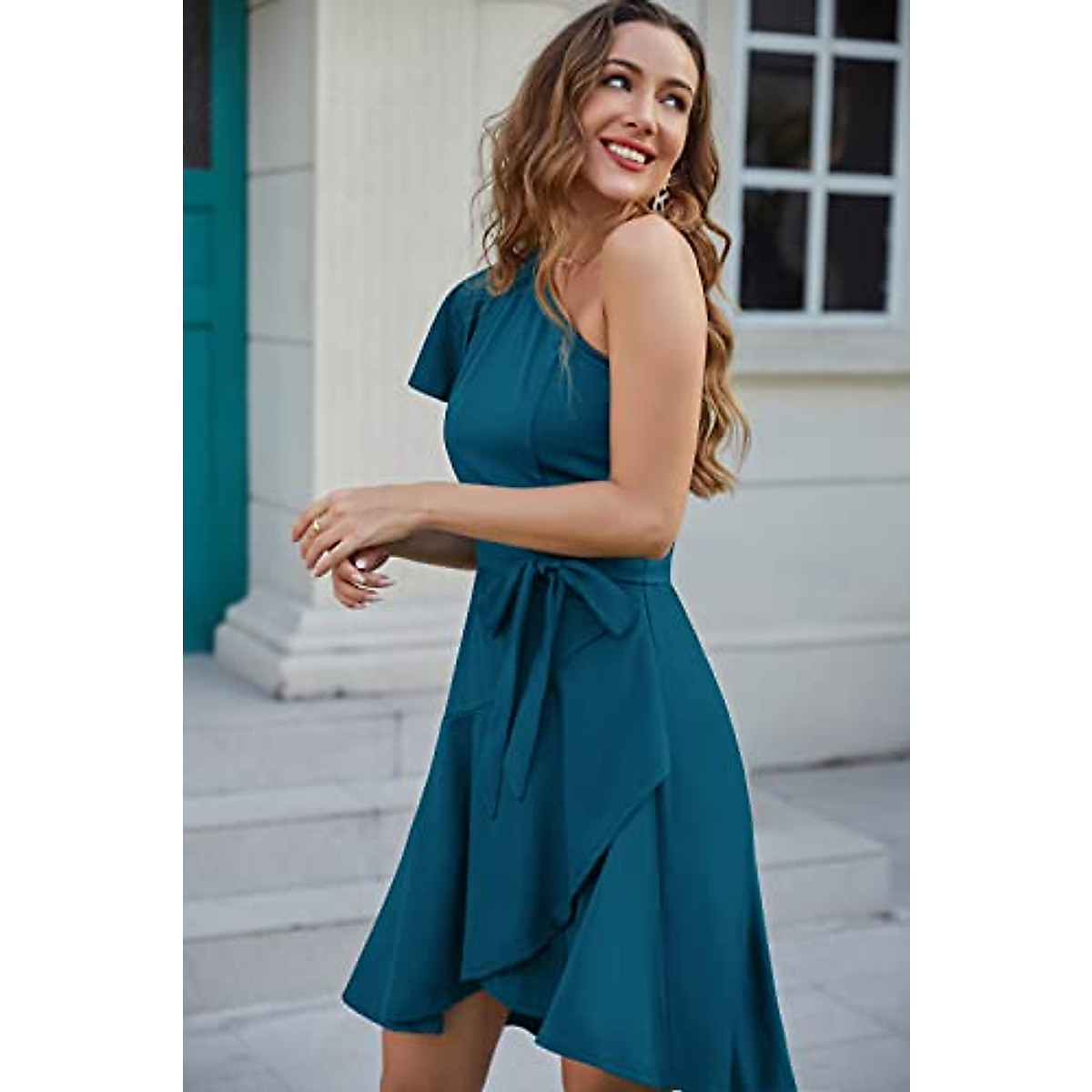 GRACE KARIN Women's One Shoulder Dress Flared Short Sleeve A-Line Cocktail Short Dress for Wedding Guest Teal Blue M