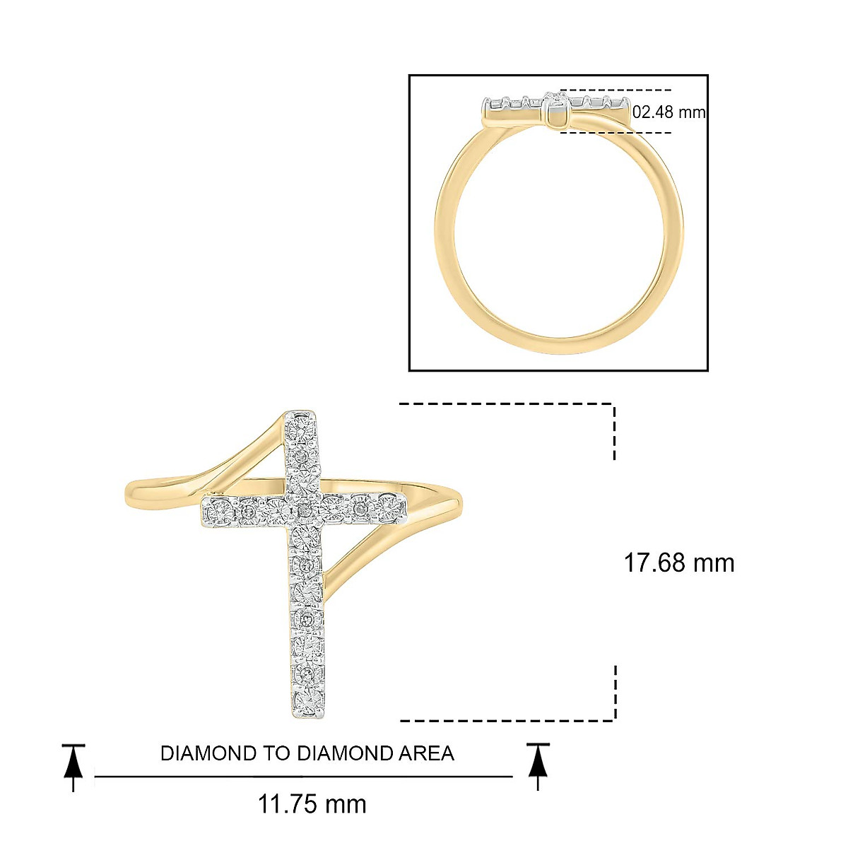 Cali Trove, Diamond Cross Ring for Women in Yellow Gold-Plated Sterling Silver, Women's Vertical Cross Ring with Bypass Band and Accented with Round White Diamonds, Yellow Gold-Plate Religious Ring