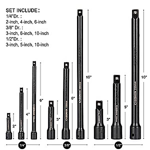 CASOMAN 9 Pieces Extension Bar Set, 1/4", 3/8" and 1/2" Drive Socket Extension, Premium Chrome Vanadium Steel with Black Phosphate Finish