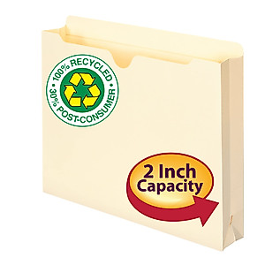 Smead 100% Recycled File Jacket, Reinforced Straight-Cut Tab, 2" Expansion, Letter Size, Manila, 50 per Box (75605)