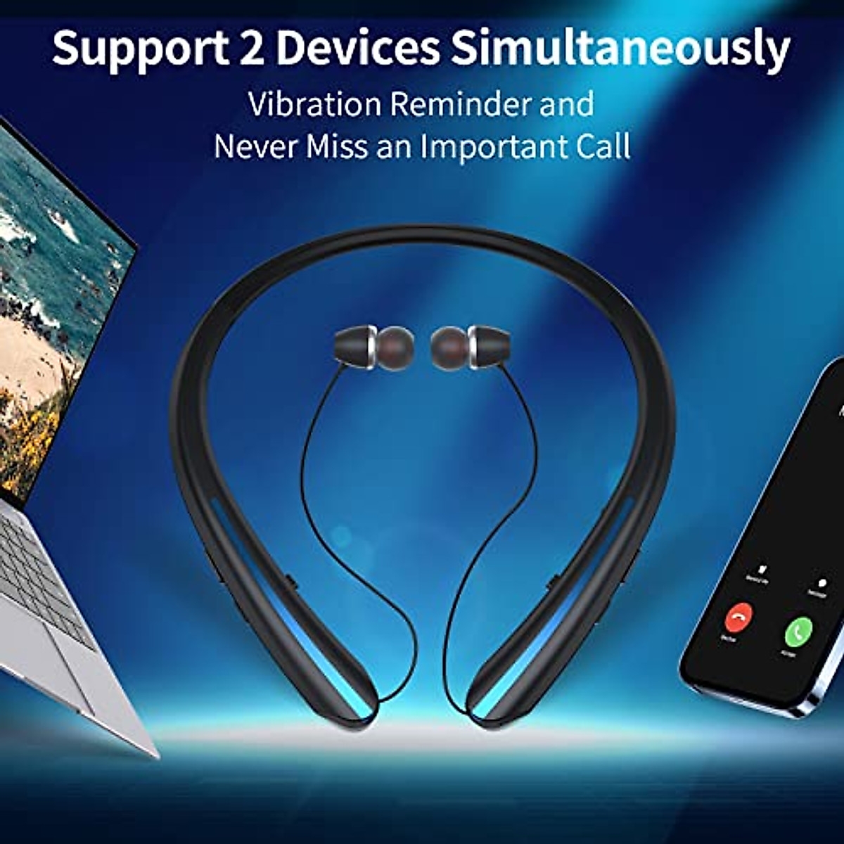 Neckband Bluetooth Headphones, IPX5 Sweatproof Retractable Earbuds Wireless Bluetooth Headset with Microphone, Vibration Call, Stereo Noise Cancelling Earphones for Workout Sports Running (Blue)