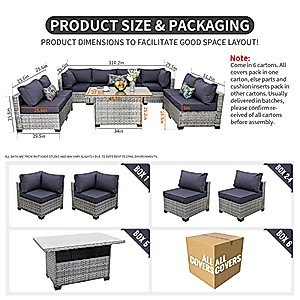 Patio Conversation Set Sectional Sofa 9 Pieces Outdoor Sectional Wicker Furniture Couch Storage Glass Table with Thicken(5") Anti-Slip Navy Blue Cushions Furniture Cover Grey PE Rattan