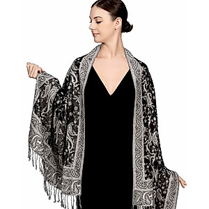 Achillea Soft Silky Reversible Paisley Pashmina Shawl Wrap Scarf w/Fringes (Black White)